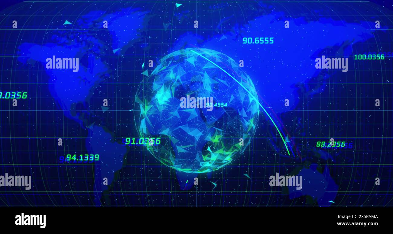 Image of globe of plexus networks spinning over world map against blue ...