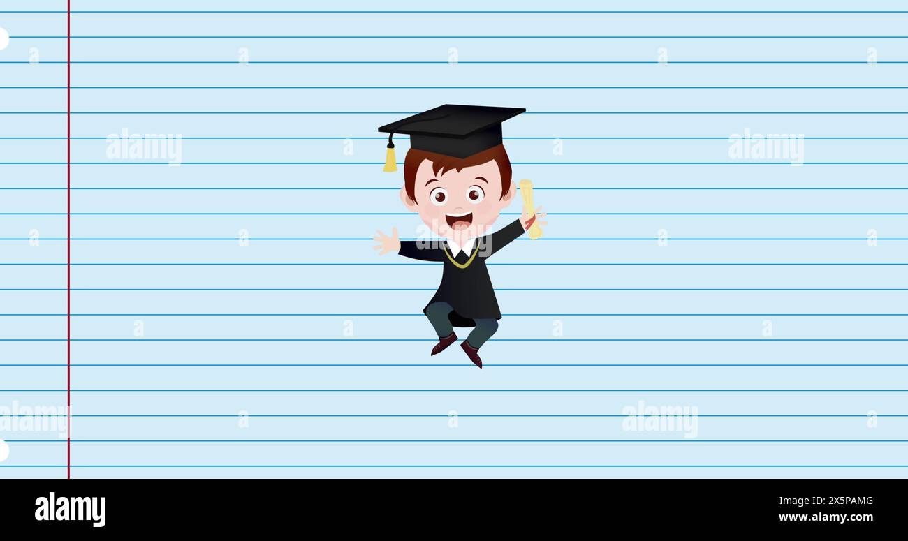Image of happy boy drawing wearing mortarboard and holding degree over ...