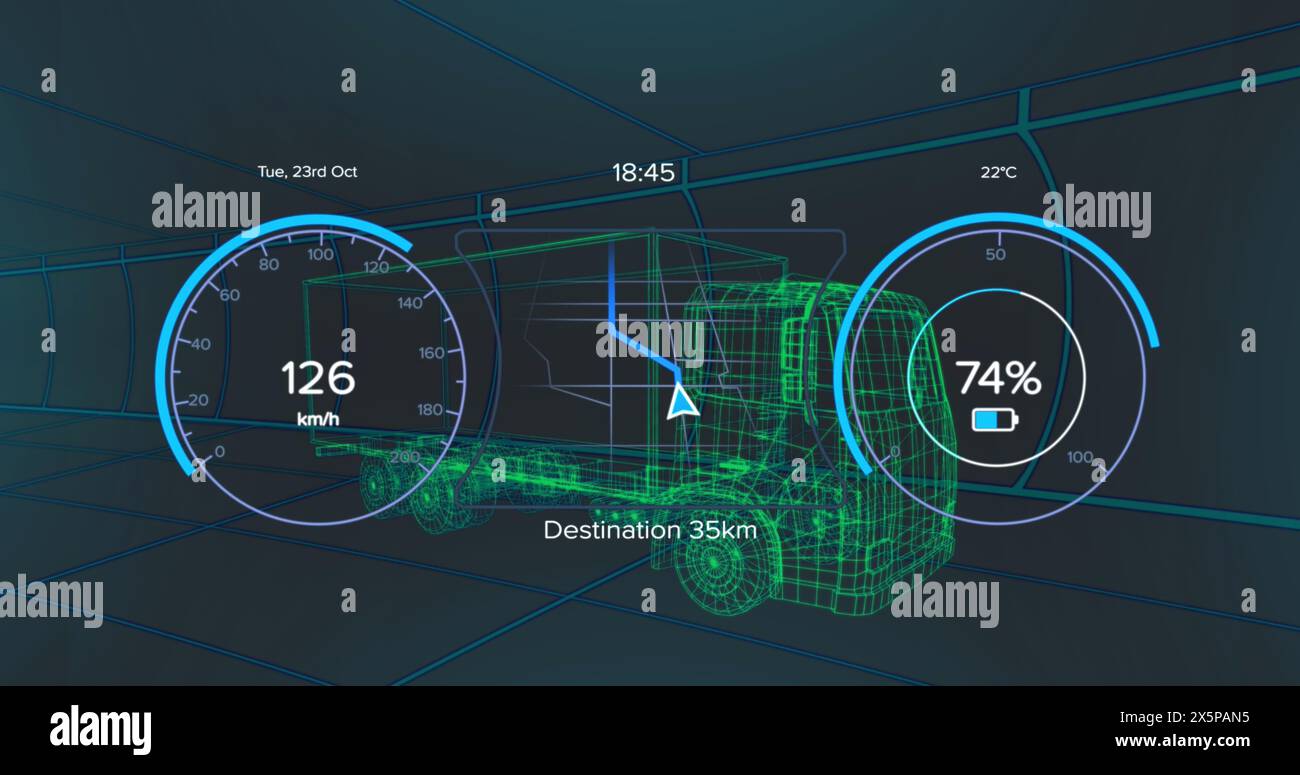 Image of electric car icons and data processing over 3d car drawing ...
