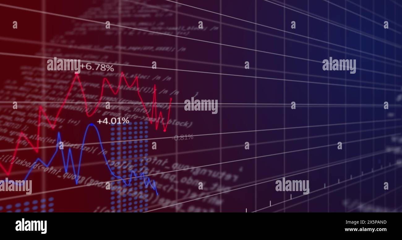 Image of statistical data processing over grid network against purple ...