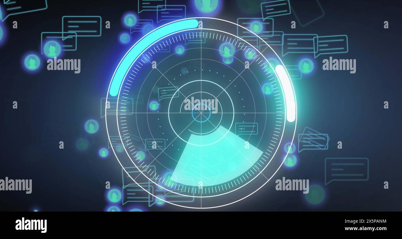 Image of scope scanning and social media icons on black background ...