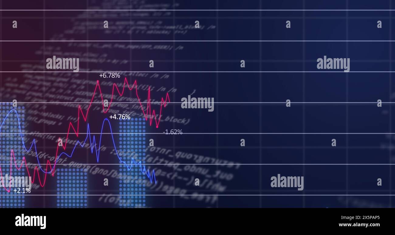 Image Of Statistical Data Processing Over Grid Network Against Purple Gradient Background Stock