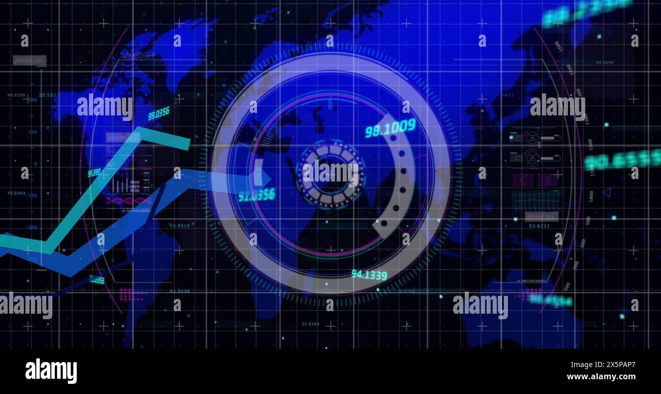 Image of scope and data processing over world map Stock Photo - Alamy