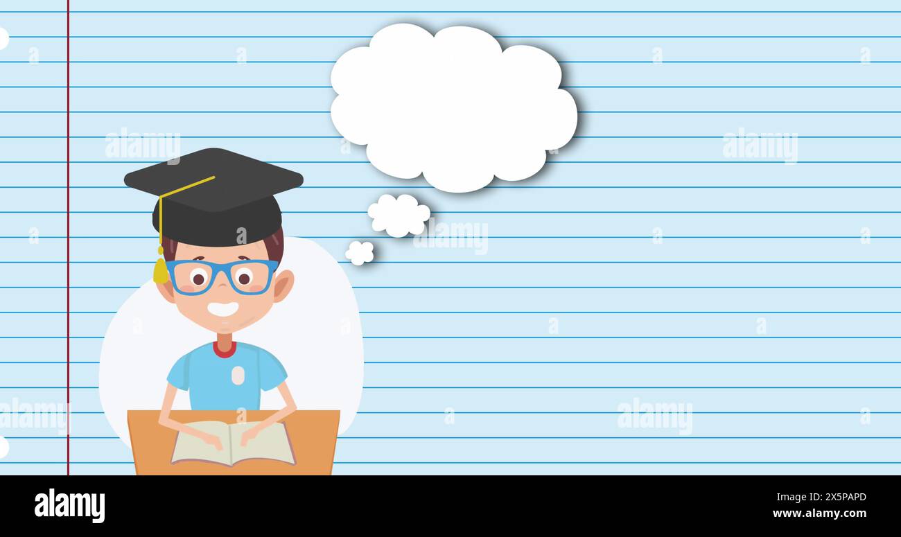 Image of cartoon of boy wearing mortarboard and reading book with ...