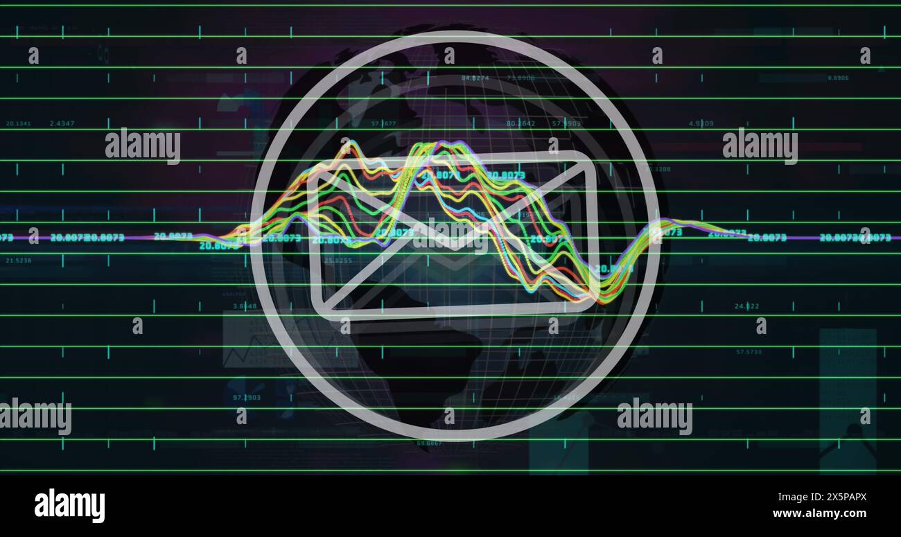 Image of message icon over statistical data processing over spinning globe on black background ...