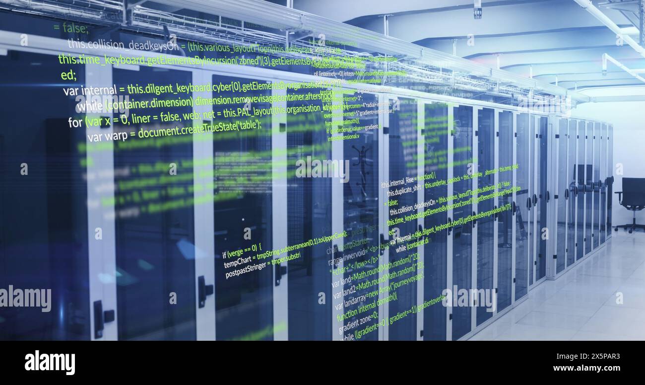 Image of computer language and lens flares over data server racks in ...