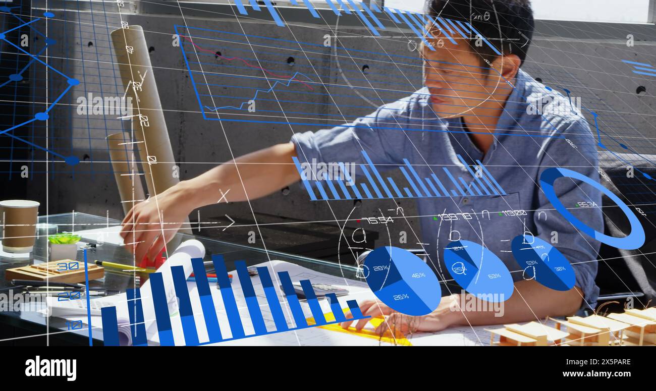 Image of graphs, mathematical equation and diagrams, asian architect ...