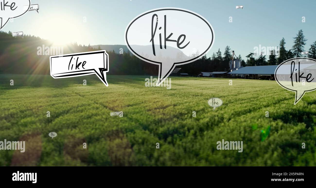 Image of like text on multiple speech bubbles floating against aerial ...