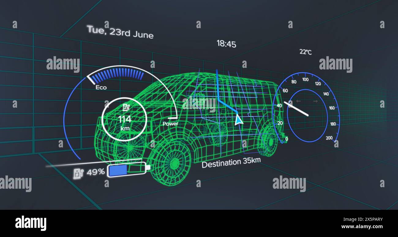 Image of electric car icons and data processing over 3d car drawing ...