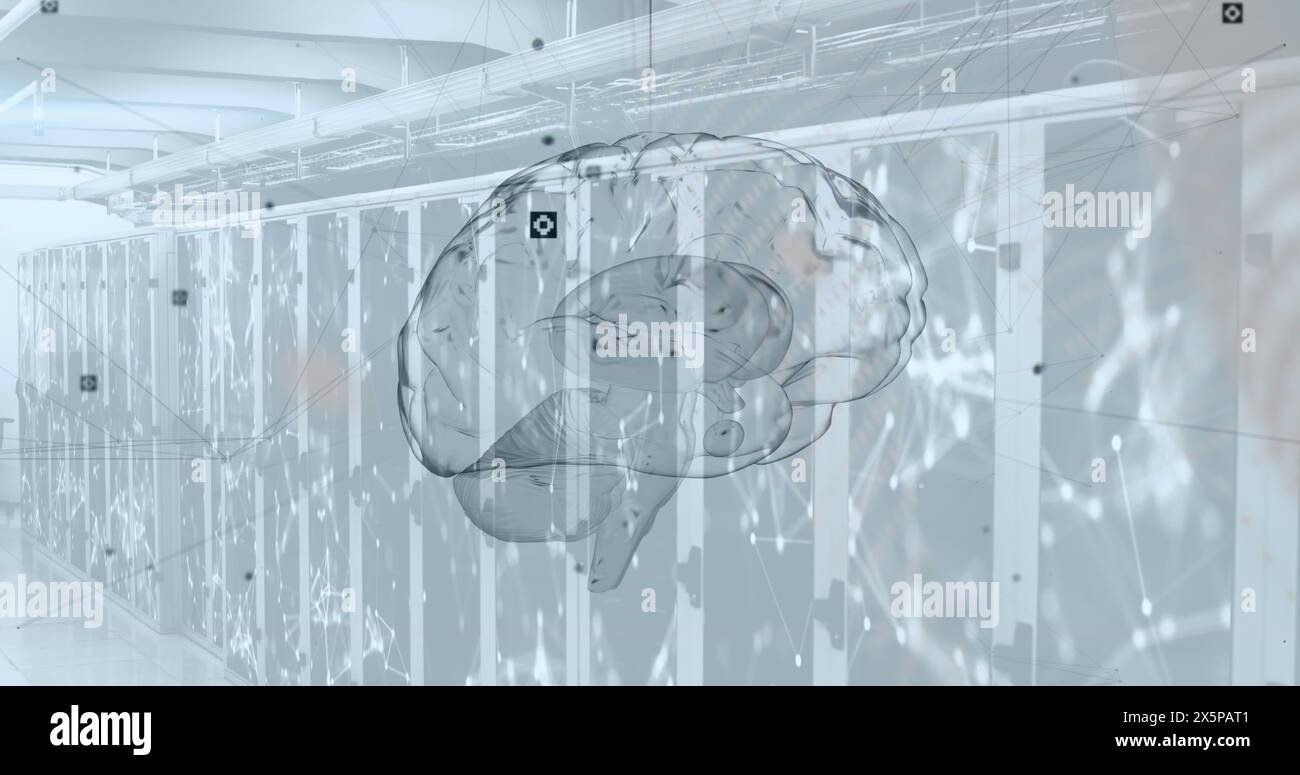 Image of network of connections and brain over server room Stock Photo ...