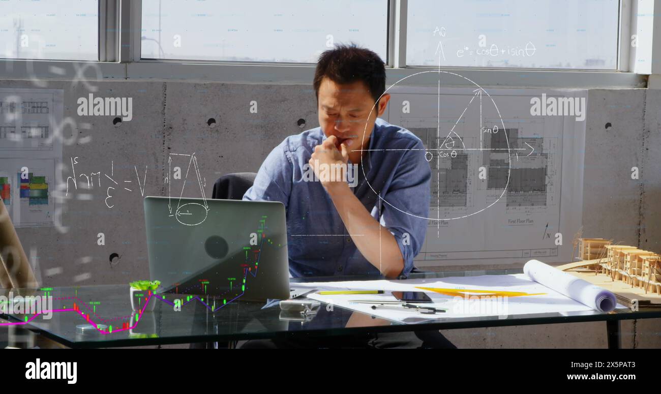 Image of mathematical equation and diagrams, asian architect designing ...