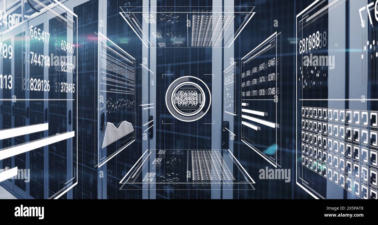 Image of graphs, changing numbers, loading circles and bars over server room Stock Photo - Alamy