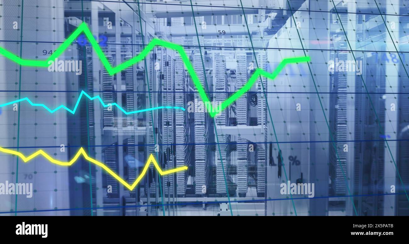 Image of multicolored graphs, computer language over data server systems Stock Photo - Alamy