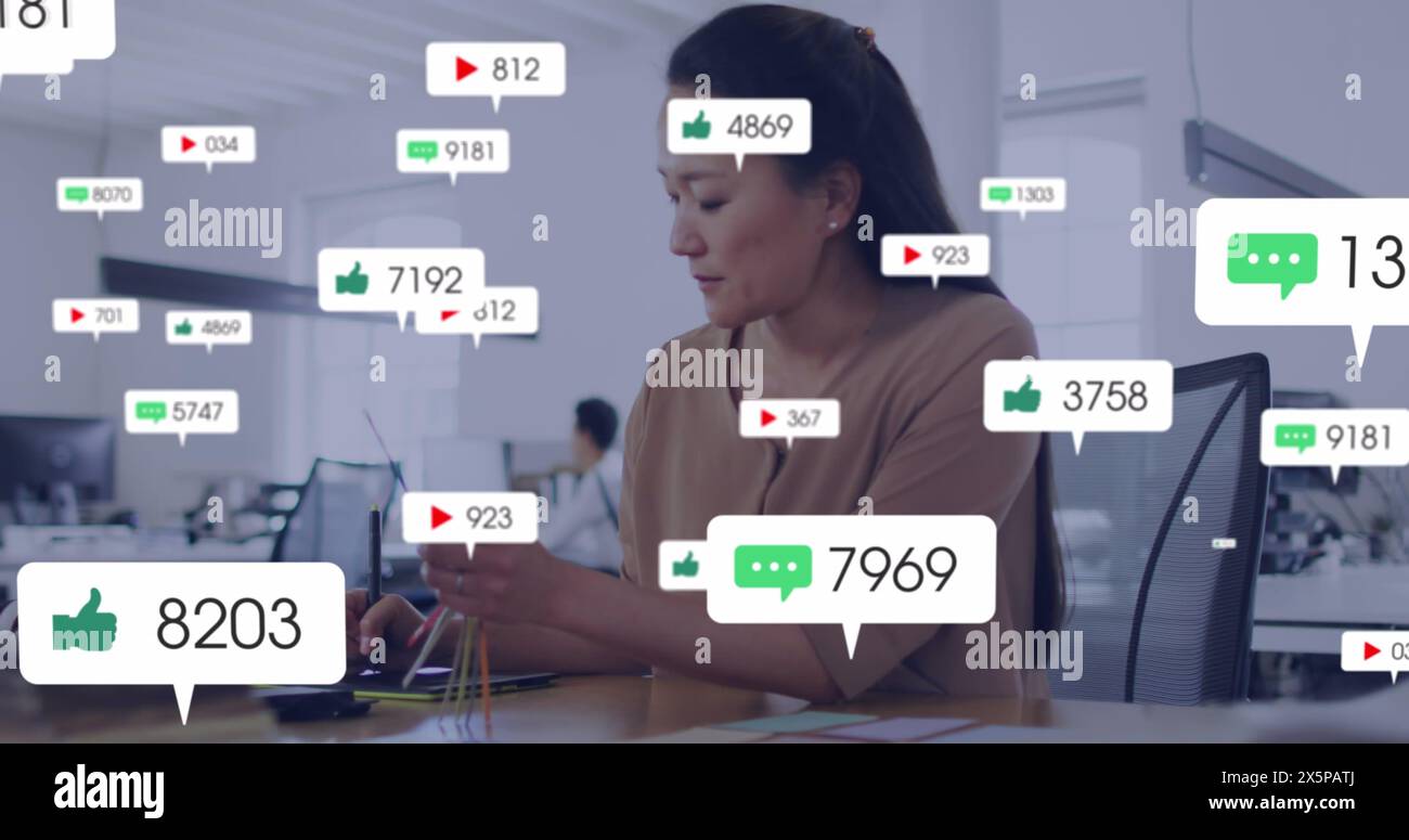 Image of multiple notification bars over asian woman using graphics ...