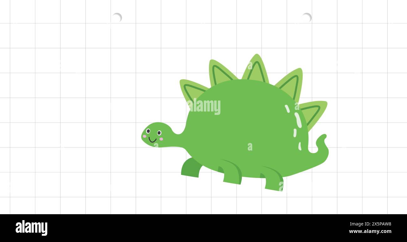 Image of green dinosaur cartoon over grid pattern against white ...