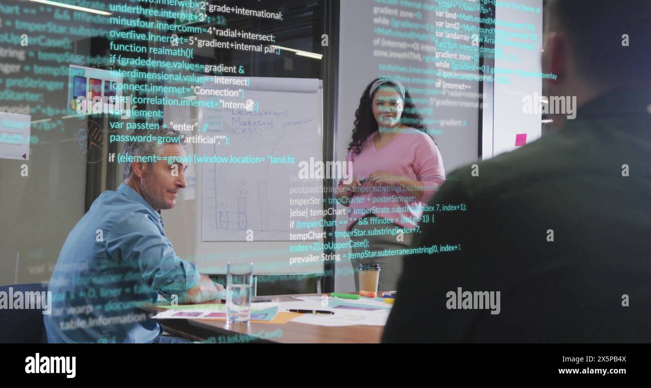 Image of computer language over diverse female explaining reports to coworkers in office Stock ...