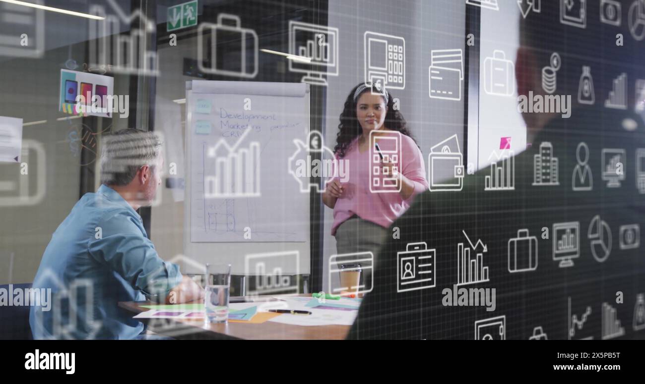 Image of multiple icons, diverse female manager explaining reports to ...