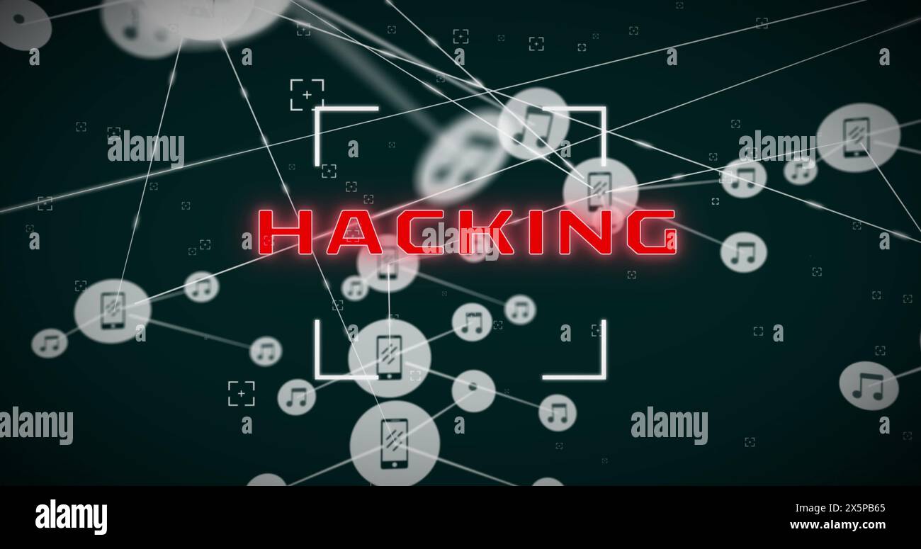 Red HACKING text glowing in center, connected by white lines to icons ...