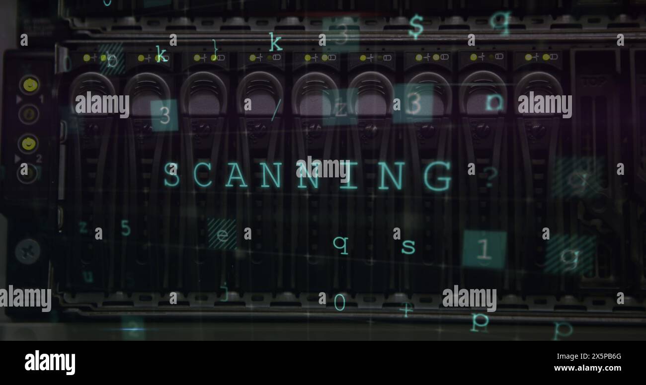 Server hardware shows SCANNING with digital number and symbol overlays ...