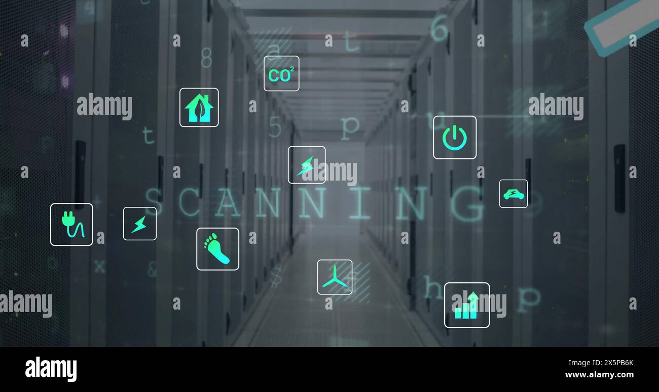 Digital icons floating in server room, showing tech symbols Stock Photo ...
