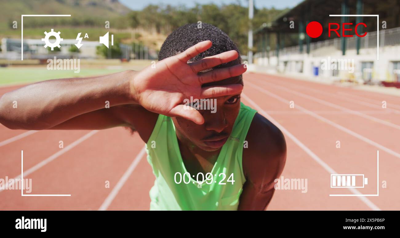 Image of digital interface with recording screen and african american ...