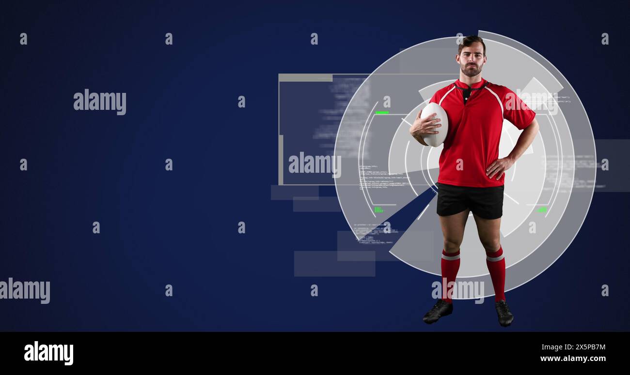 Image of caucasian male rugby player with ball over digital data ...