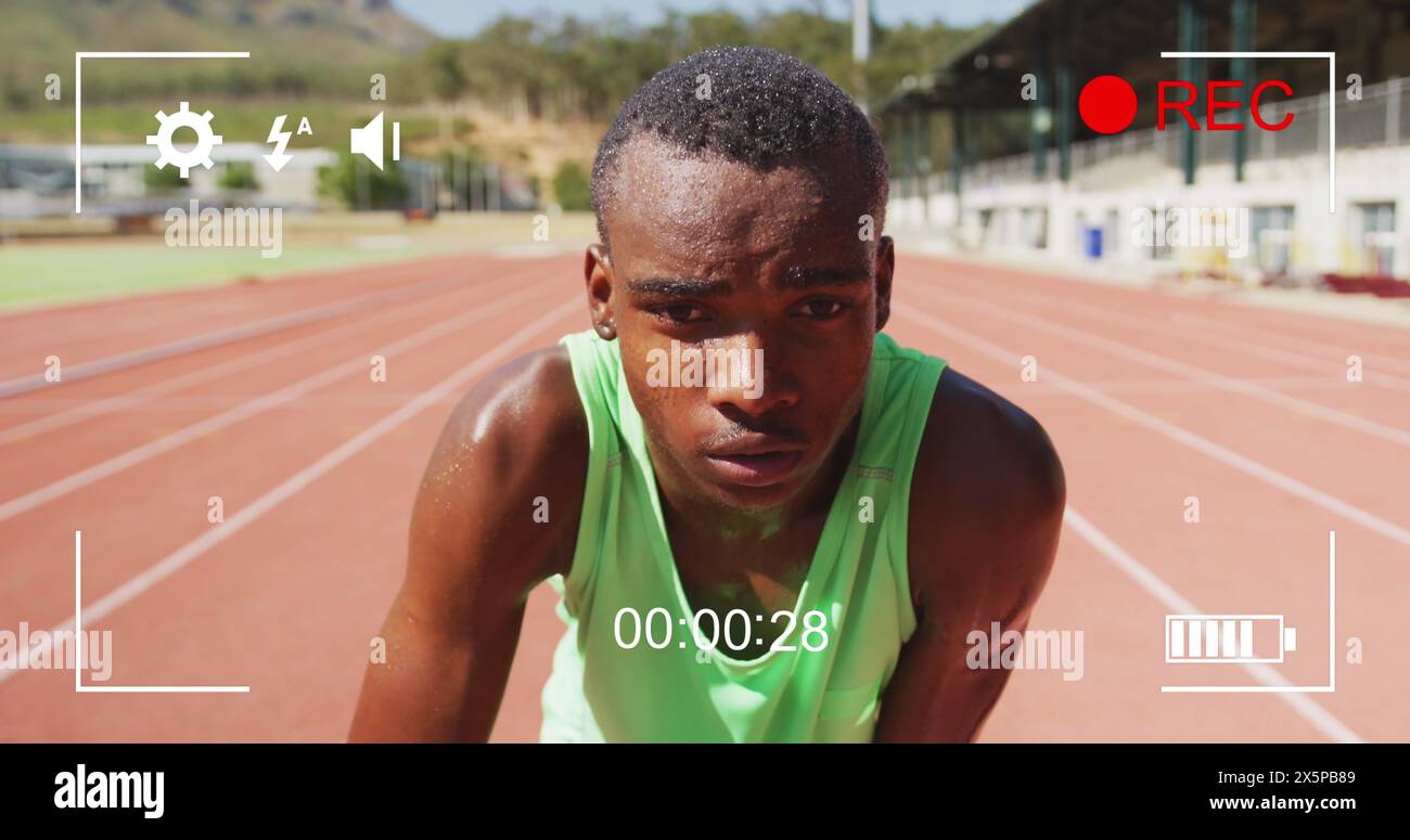 Image of digital interface with recording screen and african american ...