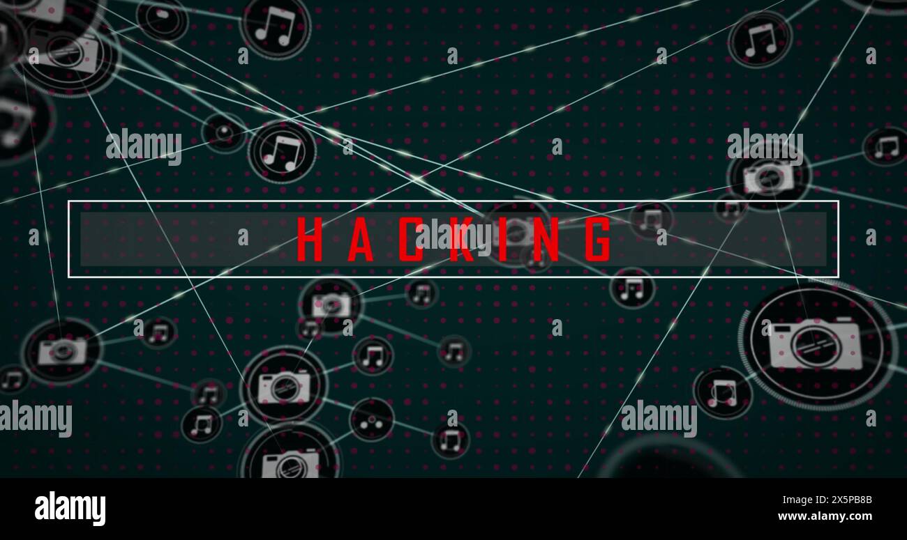 Digital nodes connecting across black background, featuring HACKING in ...
