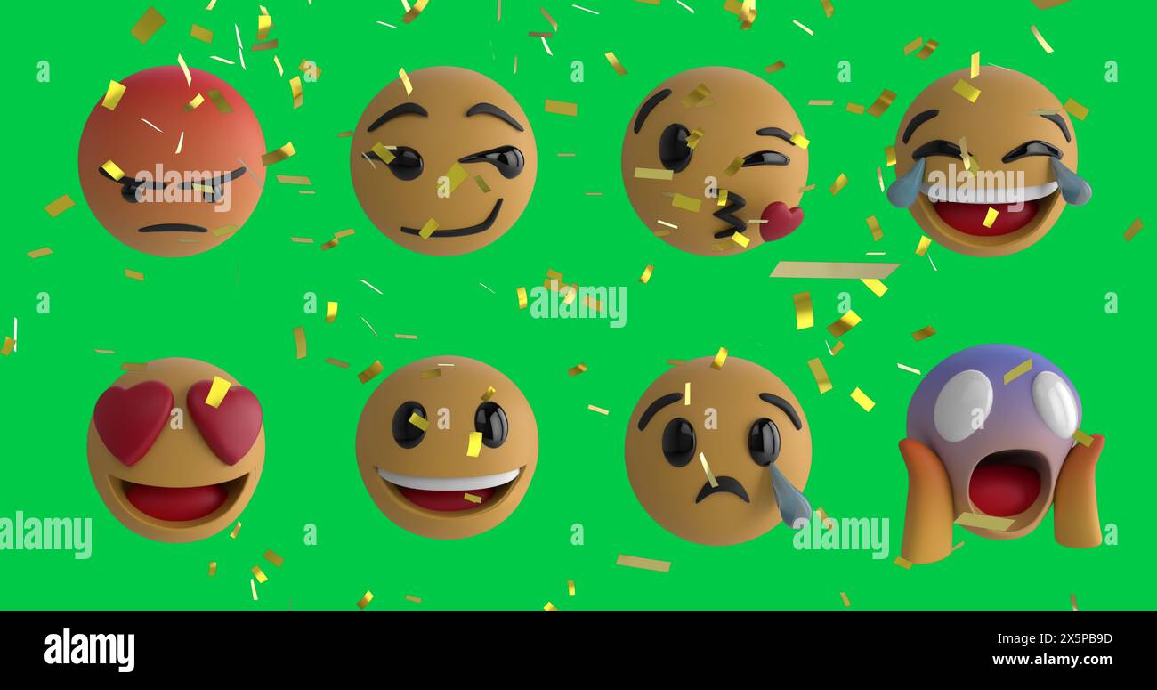 Image of confetti falling over rows of emoji emoticon icons over green ...