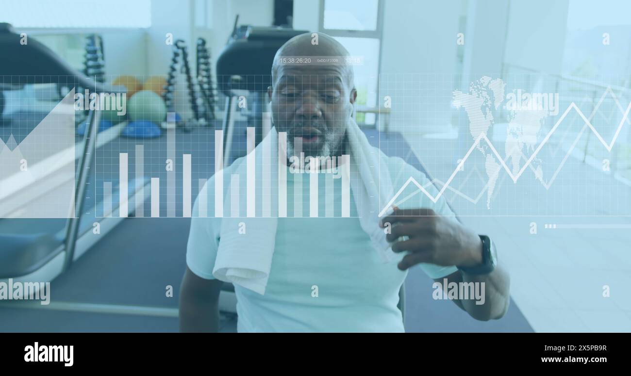 Image of graphs, loading bars, map, tired african american man wiping ...