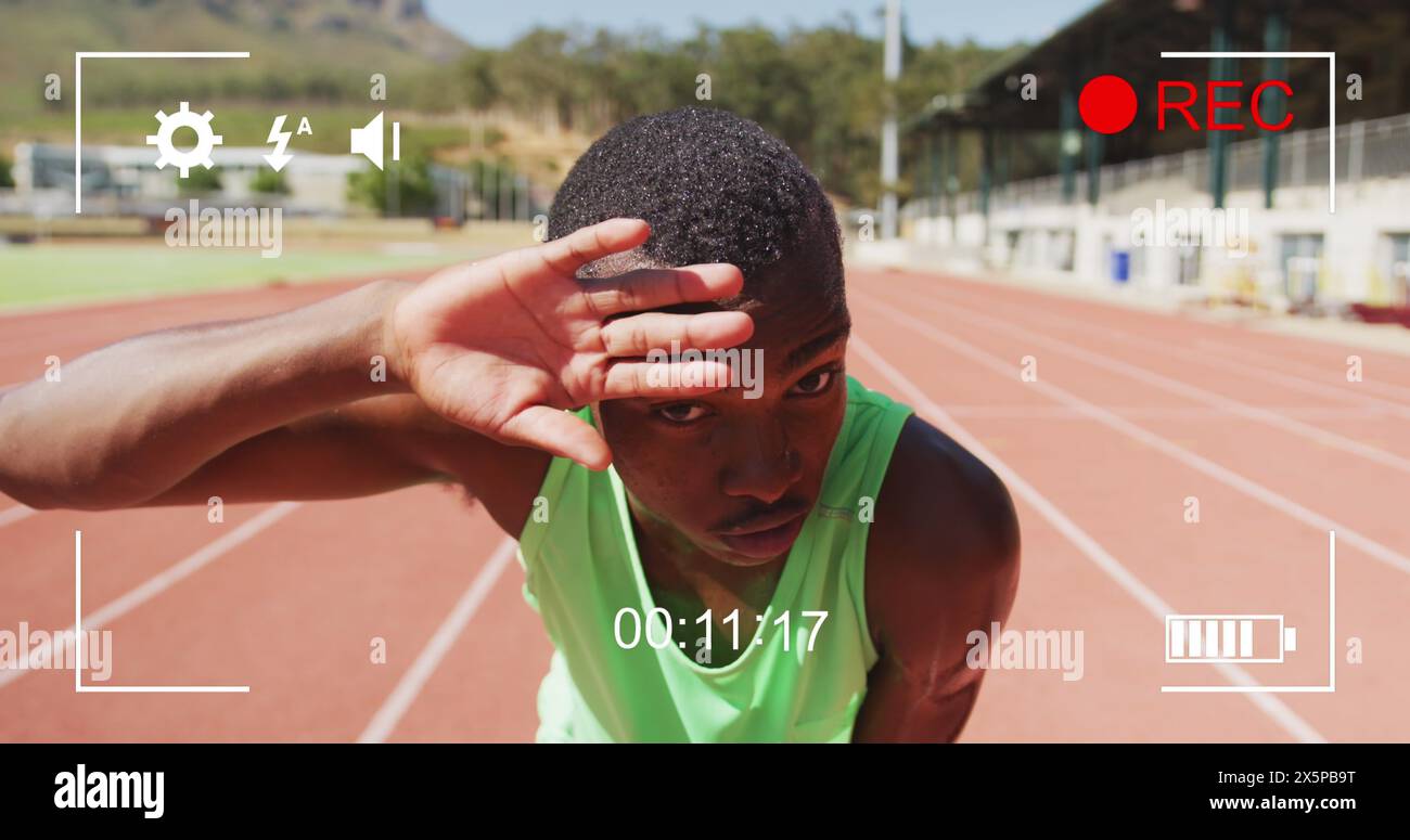 Image of digital interface with recording screen and african american ...