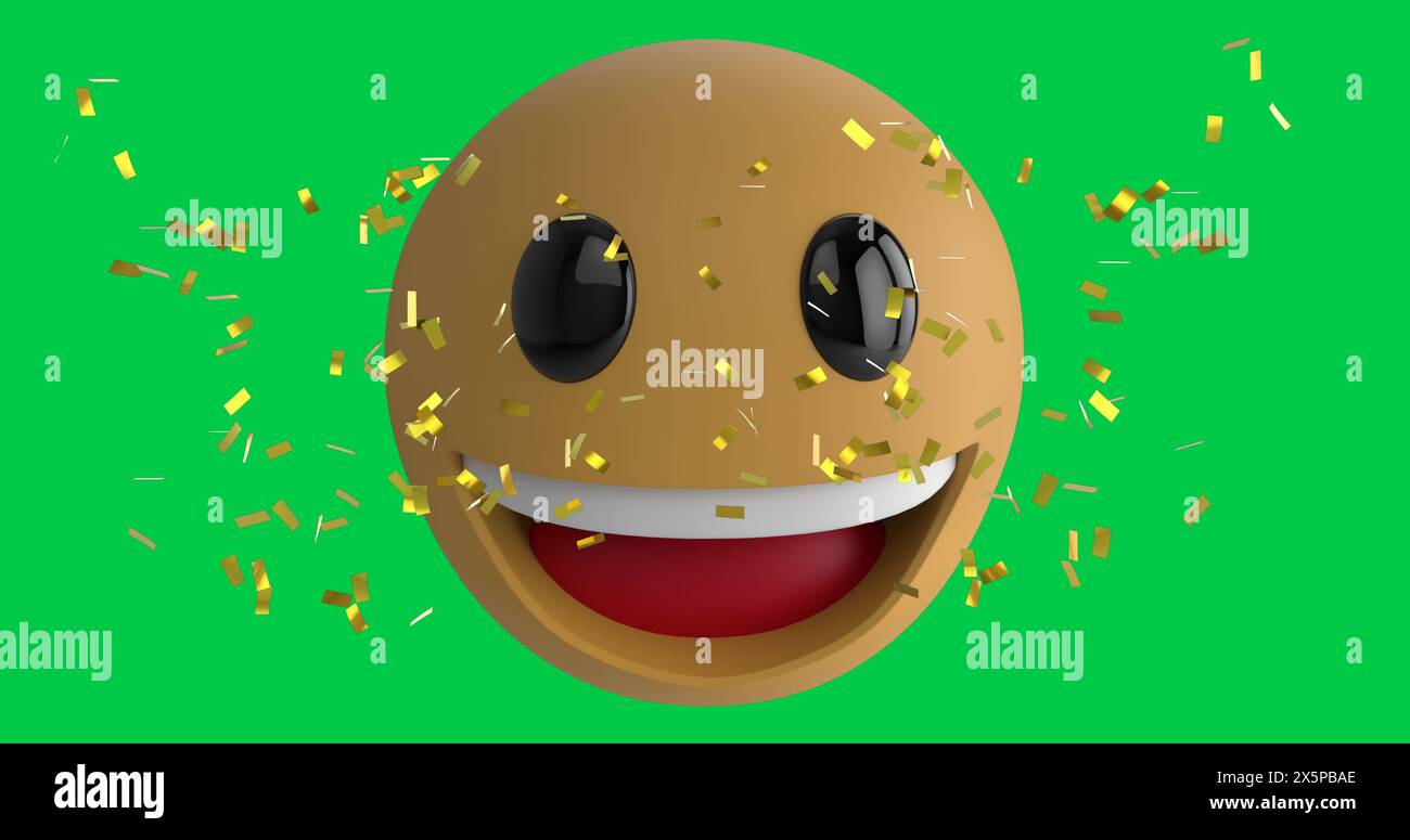 Image of confetti falling over smiling emoji emoticon icon over green ...