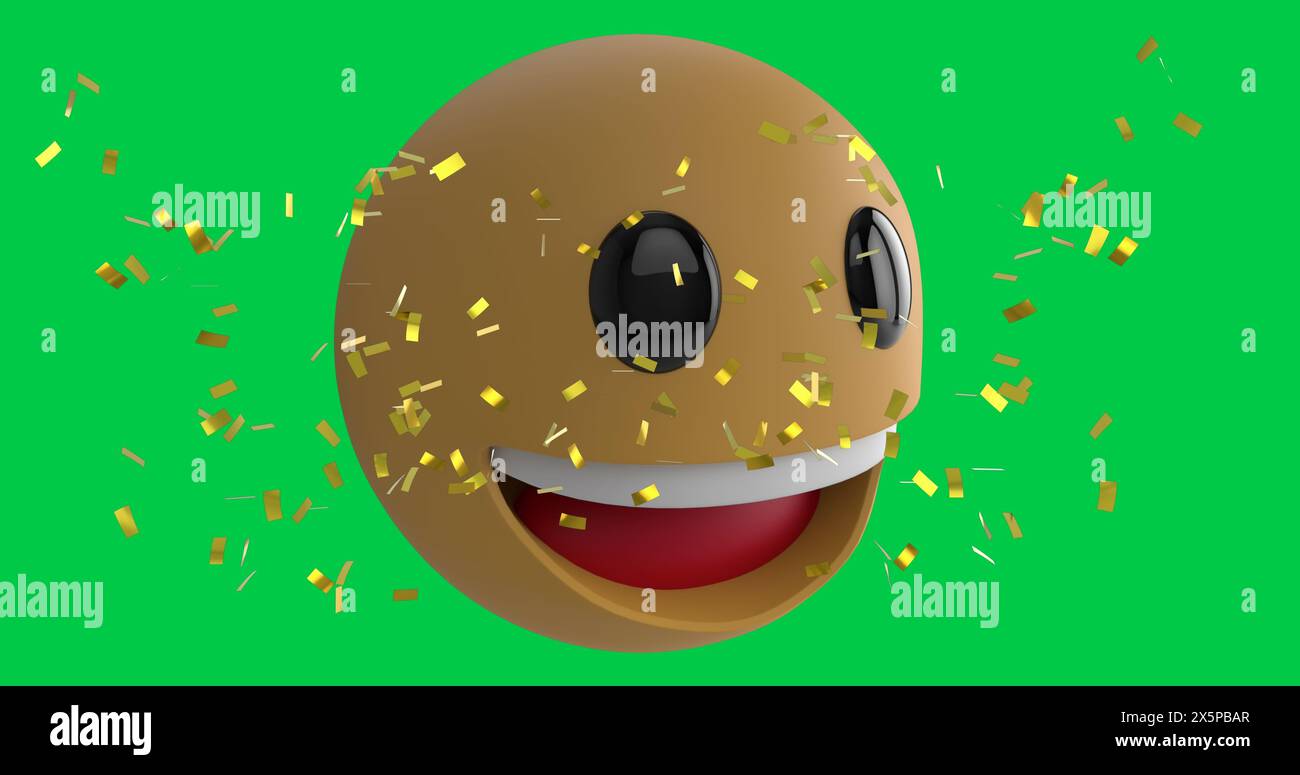 Image of confetti falling over smiling emoji emoticon icon over green ...