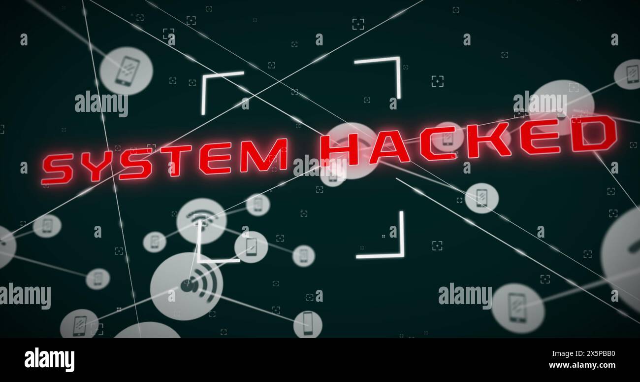 Red neon text displaying SYSTEM HACKED dominating digital background ...