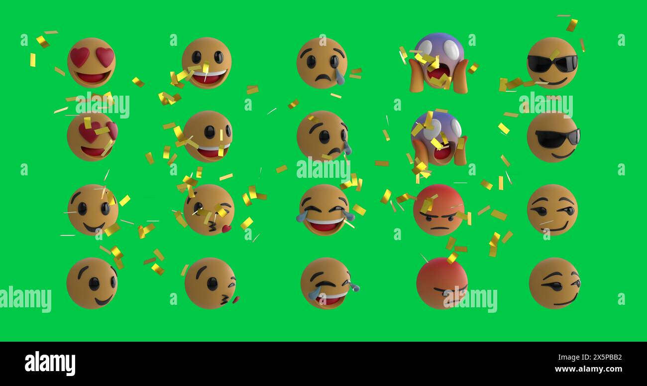 Image of confetti falling over rows of emoji emoticon icons over green ...