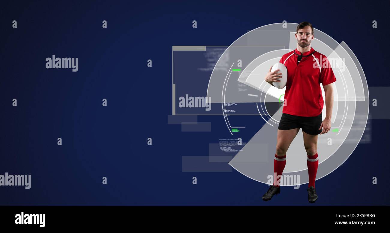 Image of caucasian male rugby player with ball over digital data ...