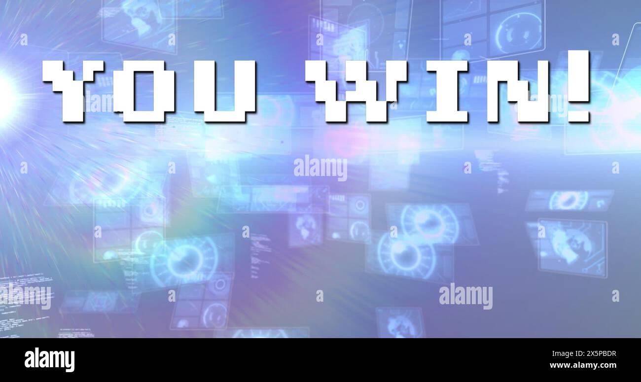 Image of you win text over data processing on blue background Stock ...