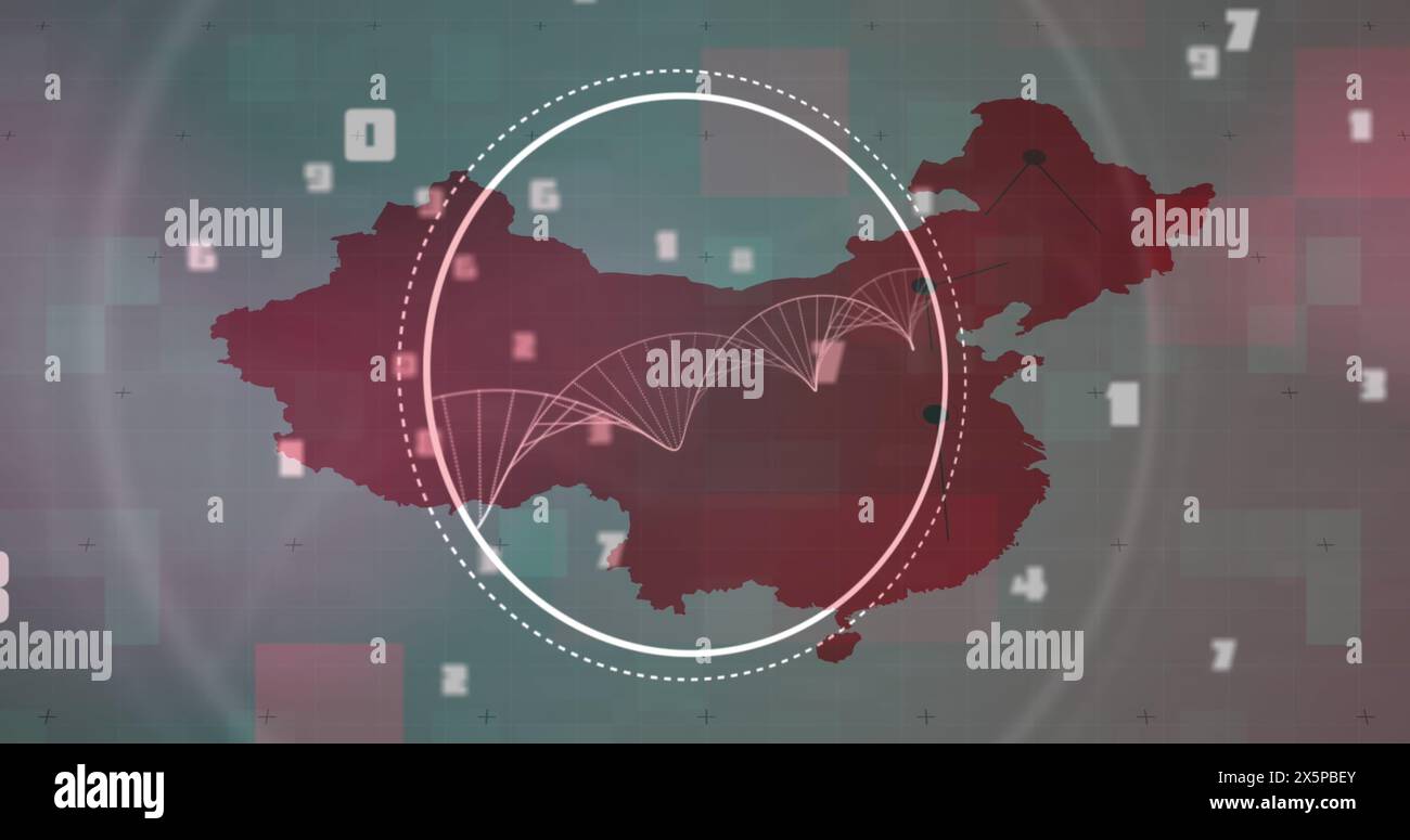 Image of dna strand spinning and numbers processing over map of china ...