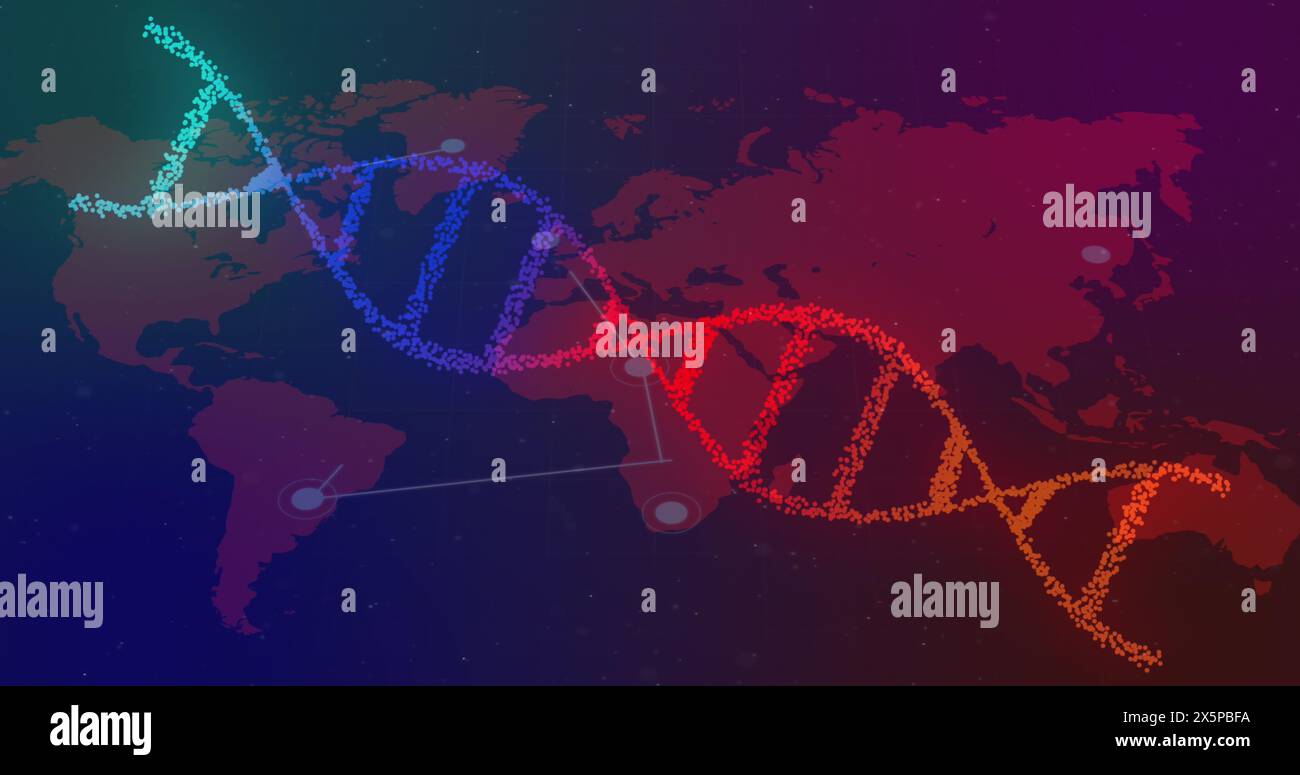 Image of dna strand spinning and connections over world map Stock Photo ...