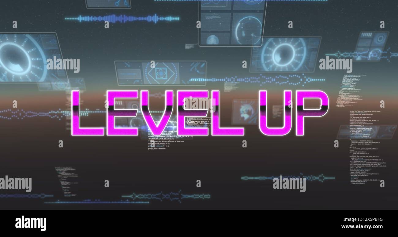 Image of level up text over data processing on dark background Stock ...