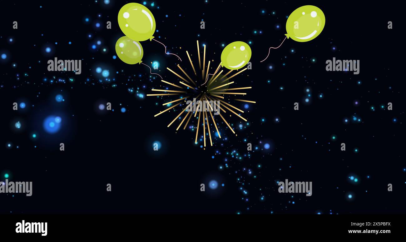 Image of balloons and fireworks over black background with dots Stock ...