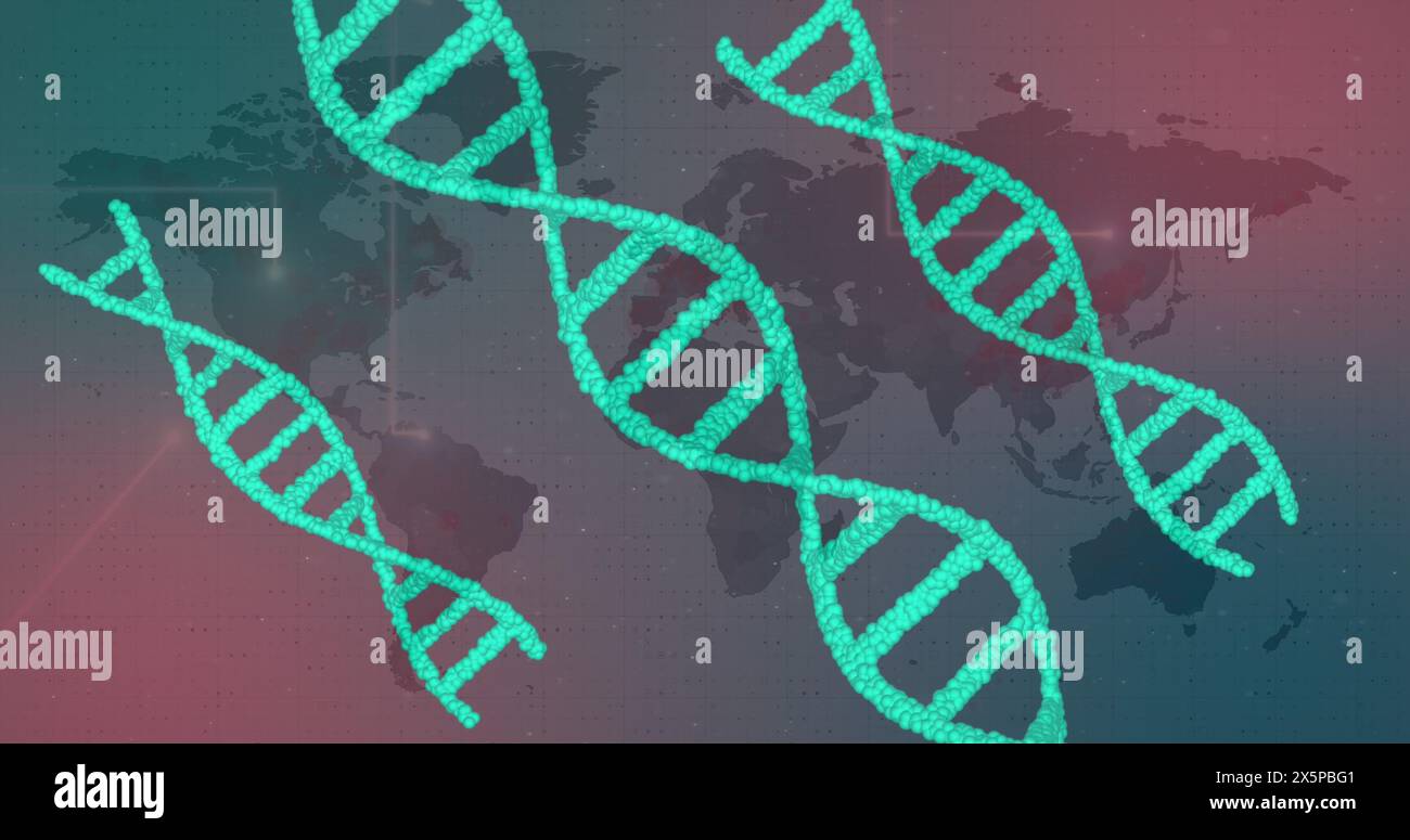Image of dna strands spinning and glowing spots over world map Stock ...