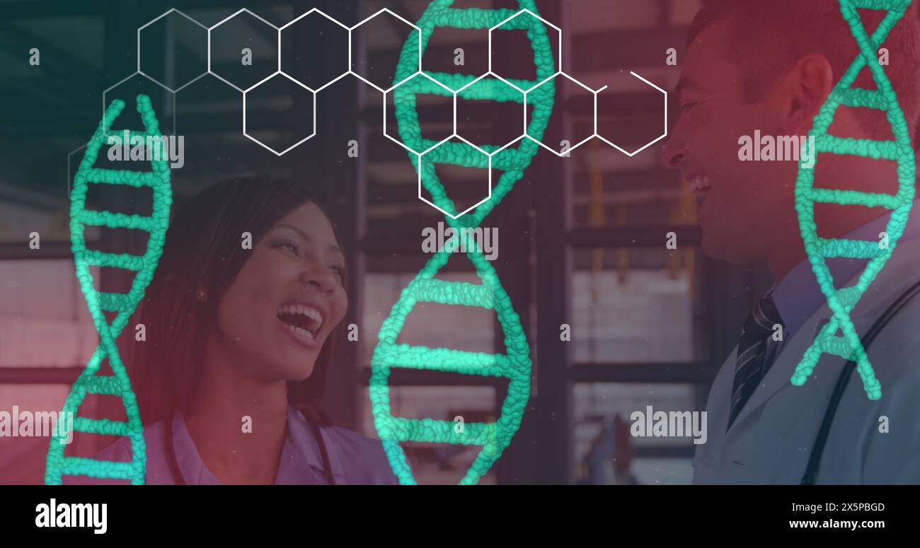 Image of data processing and dna strands spinning over diverse doctors ...