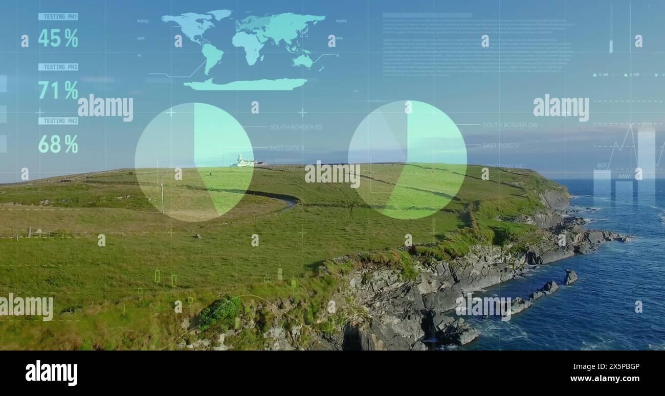 Statistical data processing against aerial view of landscape with grassland, sea and blue sky ...