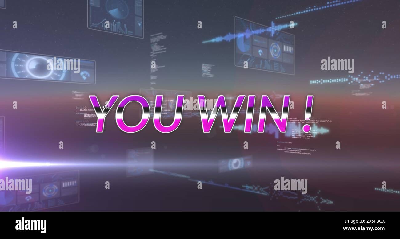 Image of you win text over data processing on dark background Stock ...