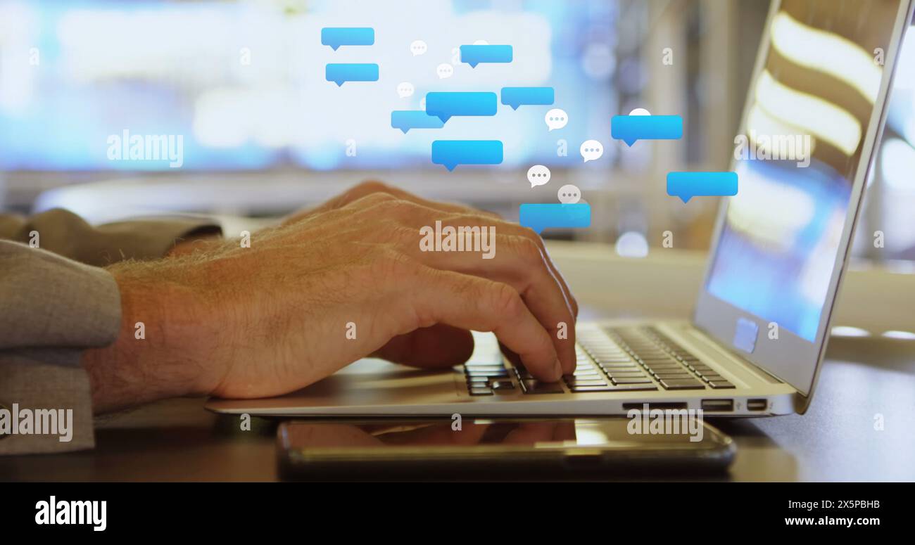 Images of falling social media icons over person using laptop Stock ...