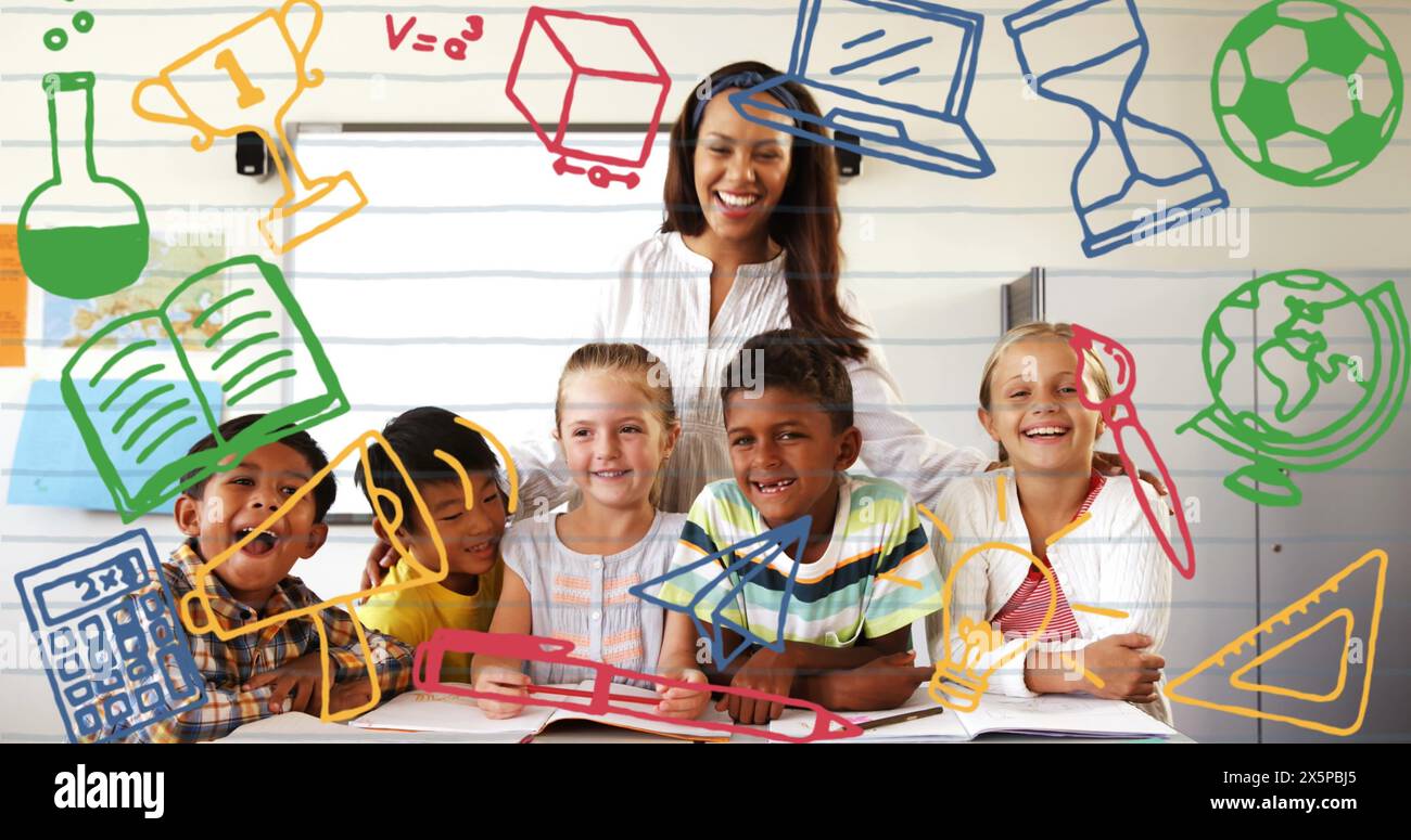 Image of school icons over diverse schoolchildren and teacher in ...