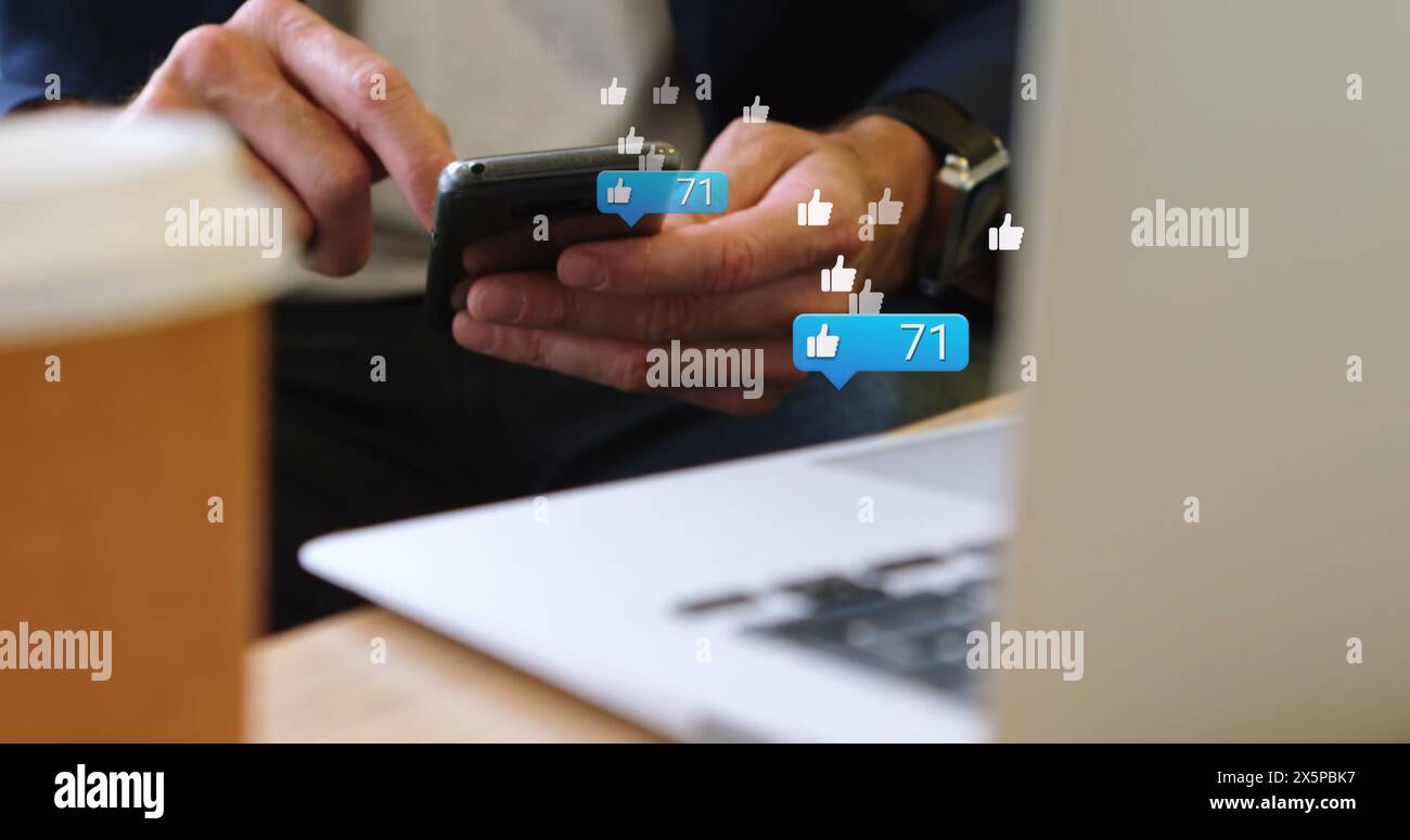 Image of media icons over caucasian businessman using smartphone Stock ...