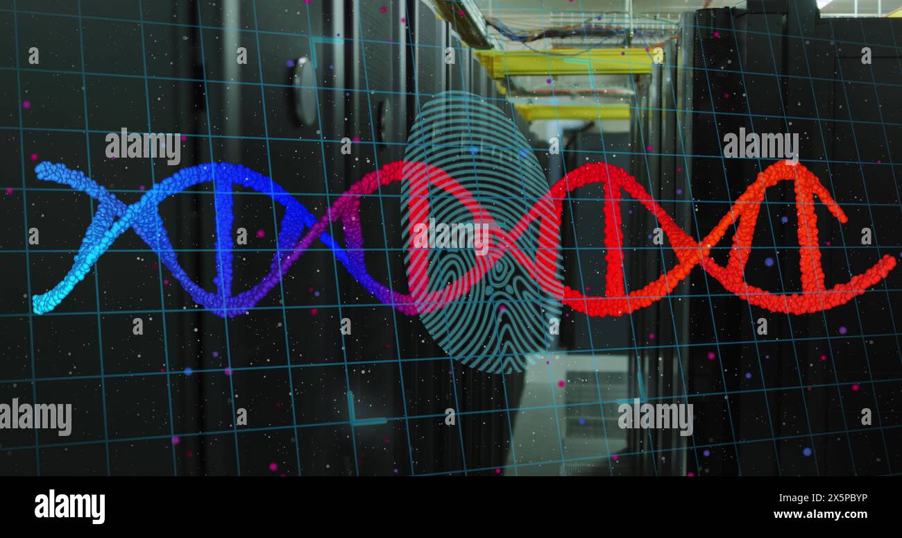 Image of dna strand with biometric fingerprint over computer servers ...