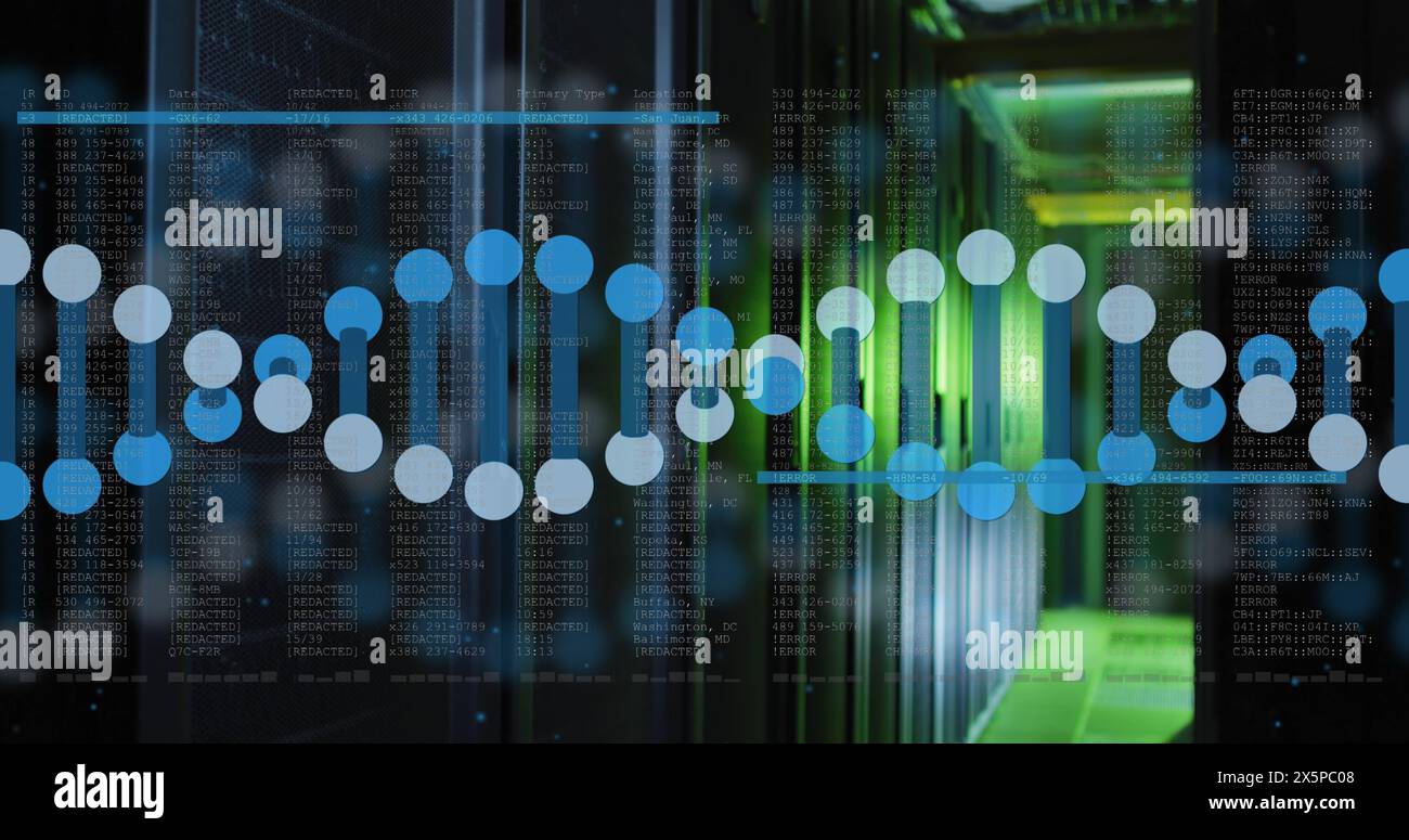 Image of data processing and dna strand over server room Stock Photo - Alamy